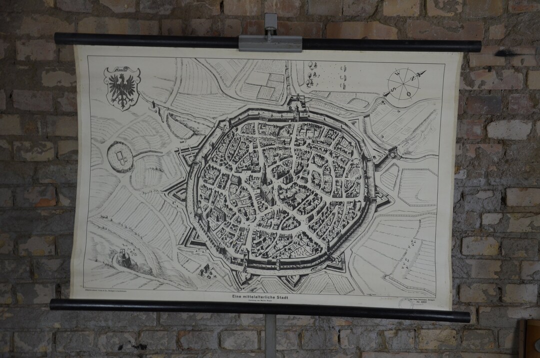 Medieval City Plan: Original Vintage 1950s Large School Wall Chart ...