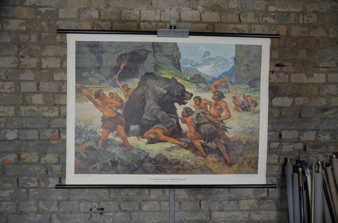 Stone Age People Hunting Cave Bear: Original Vintage German 1950s ...