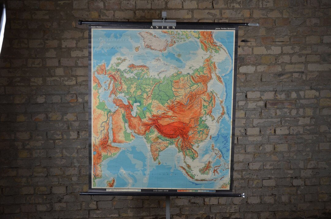 Vintage Map of Asia: Large Original Vintage German 1960s Topographic ...
