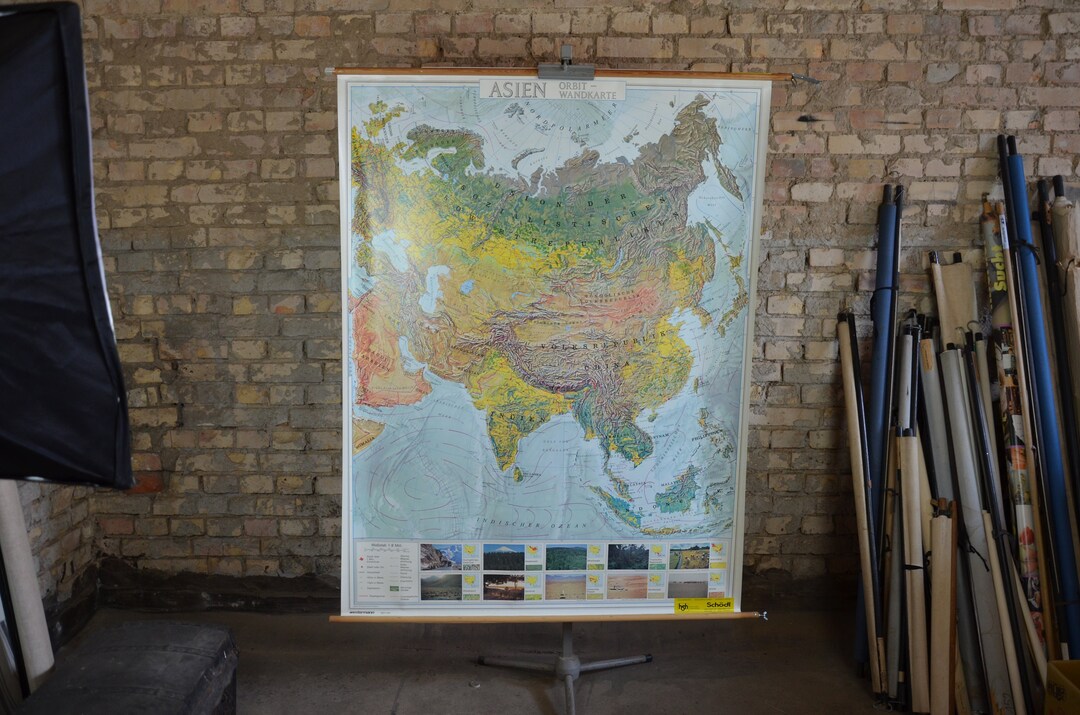 1980s School Map of Asia: Large Original Vintage German Topographic ...