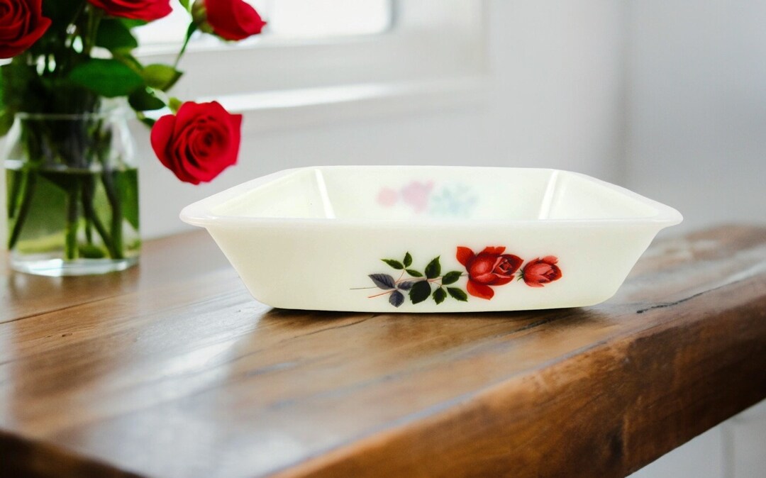 Vintage JAJ Pyrex June Rose Oblong Milk Glass Casserole Dish - #542 ...