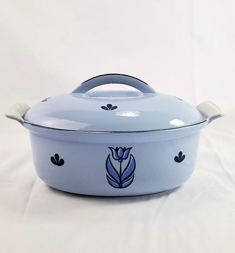 Vintage DRU Holland Enameled Cast Iron Delft Blue Tulip Oval Casserole ...