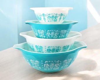 Set of 3 Pyrex Bowls AMISH BUTTERPRINT Turquoise Aqua Vintage Glass 401 ...