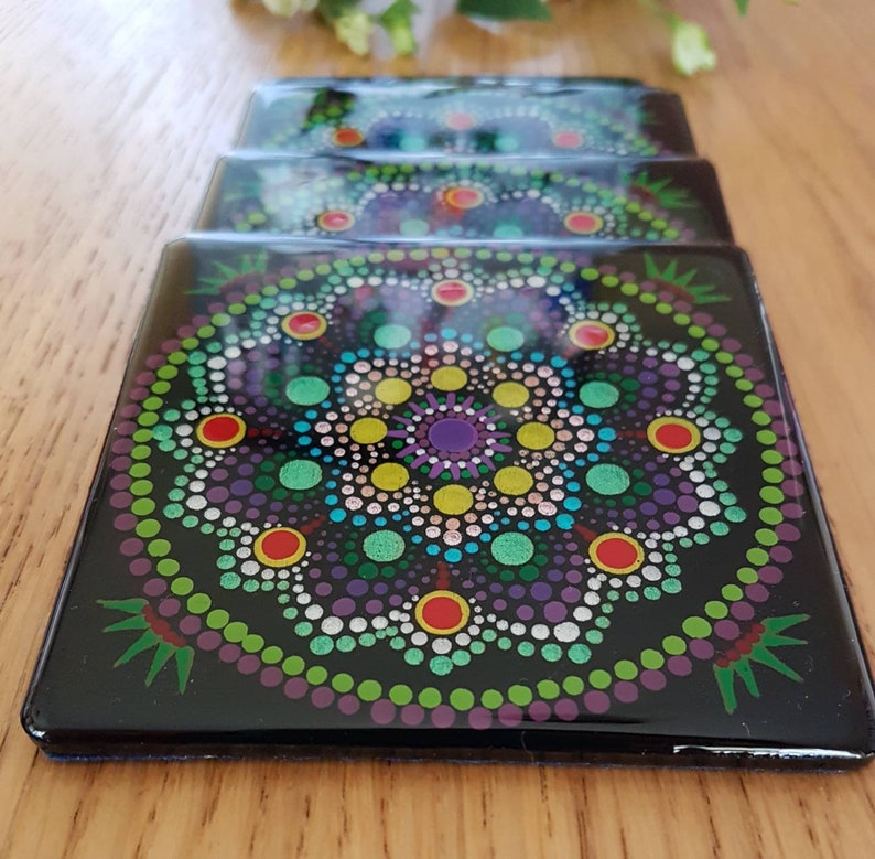 Set of 4 Wooden Hand Painted Square Coasters, in a Dot Mandala Design ...