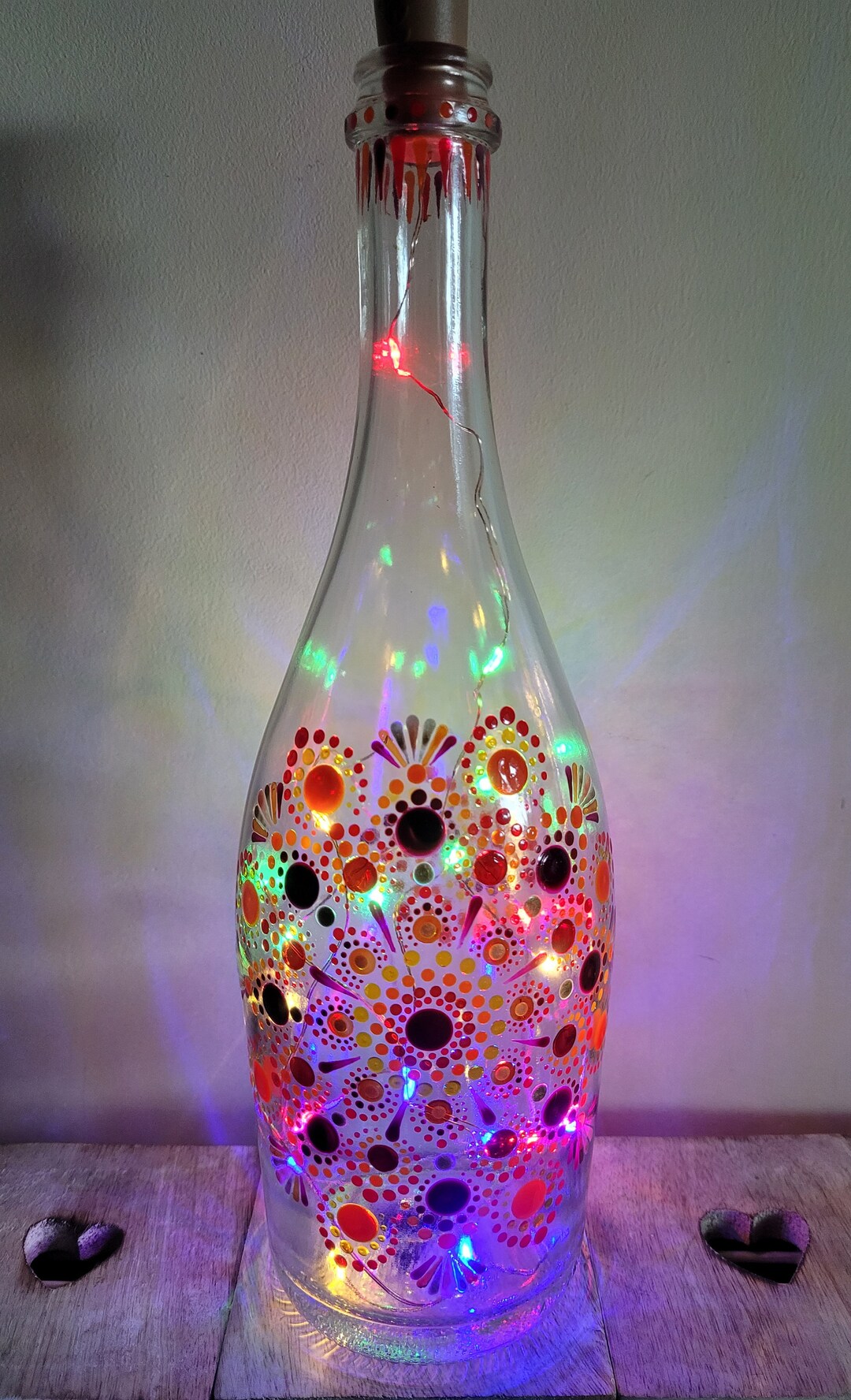 Glass Bottle Light Handpainted With Dot Mandala Design in Reds, Oranges ...