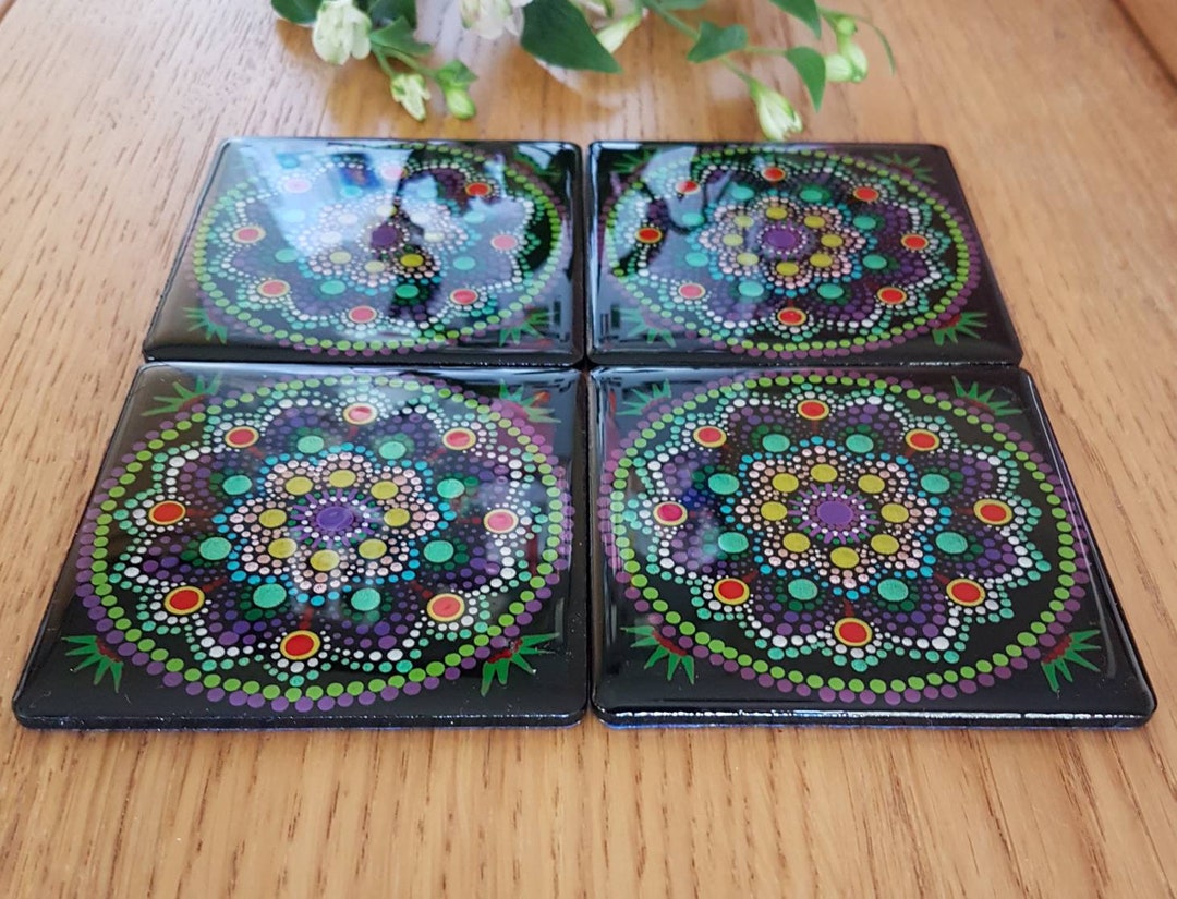 Set of 4 Wooden Hand Painted Square Coasters, in a Dot Mandala Design ...
