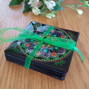 Set of 4 Wooden Hand Painted Square Coasters, in a Dot Mandala Design ...