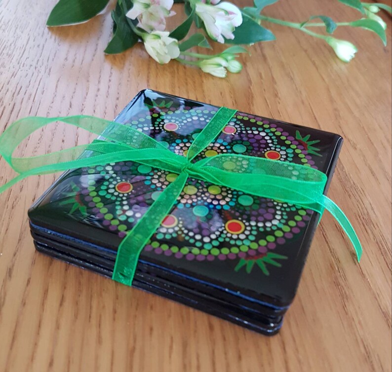 Set of 4 Wooden Hand Painted Square Coasters, in a Dot Mandala Design ...