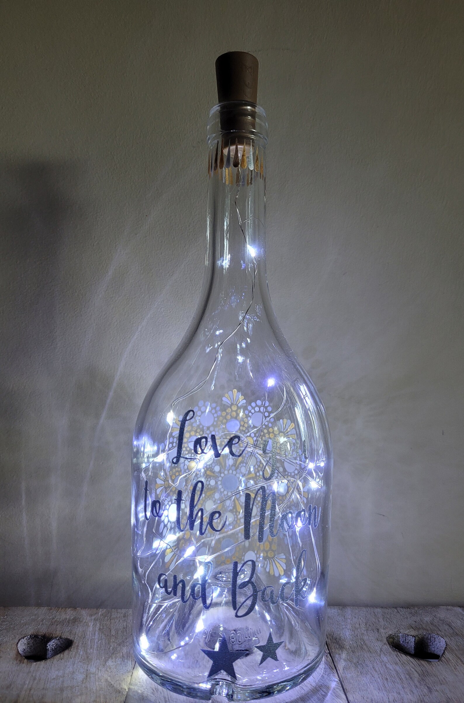 Glass Bottle Light Handpainted With a Dot Mandala Design in White, Gold ...