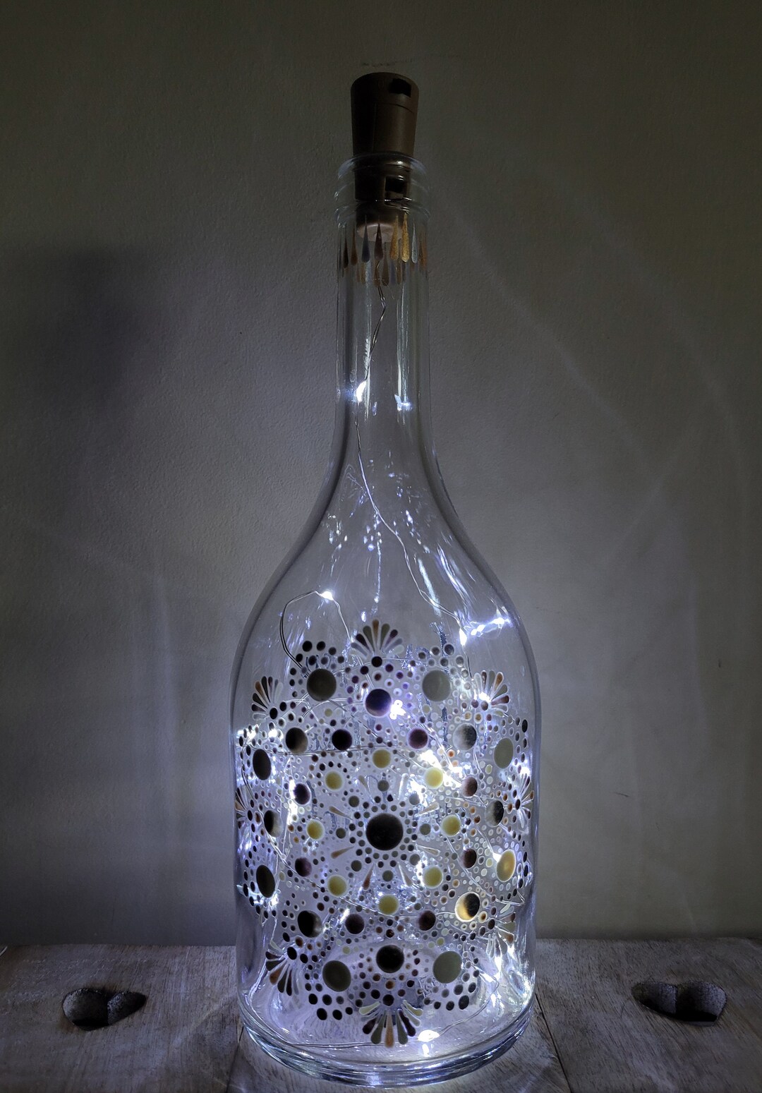 Glass Bottle Light Handpainted With a Dot Mandala Design in White, Gold ...