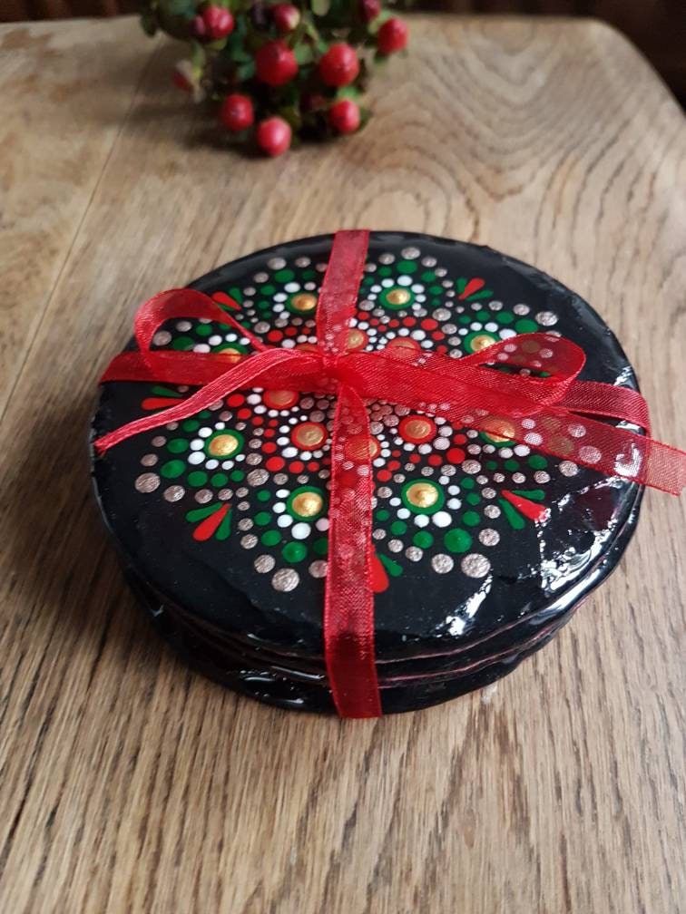 Set of 4 Slate Coasters Hand Painted in a Dot Mandala Design - Etsy