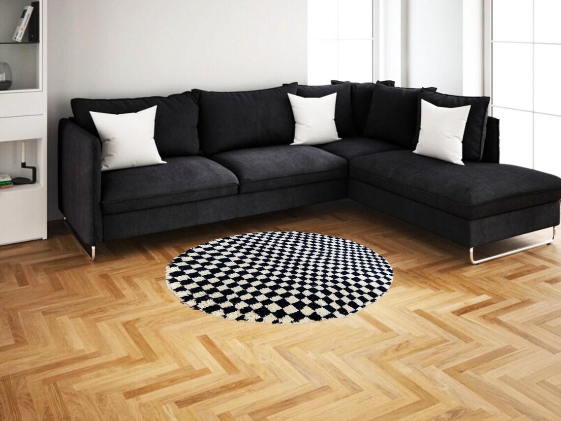 White and Black Checkered Round Rug, Berber Round Rug, Wool Round Rug ...