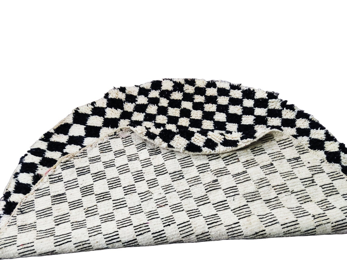 White and Black Checkered Round Rug, Berber Round Rug, Wool Round Rug ...