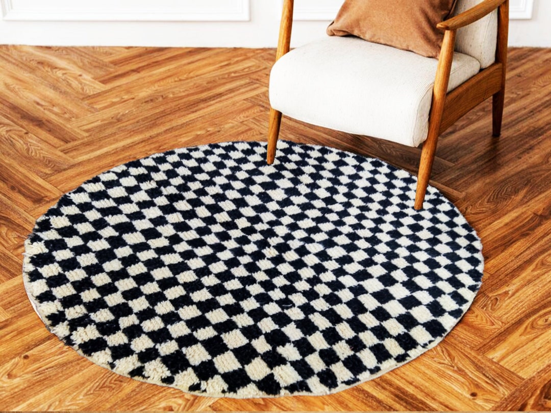 White and Black Checkered Round Rug, Berber Round Rug, Wool Round Rug ...