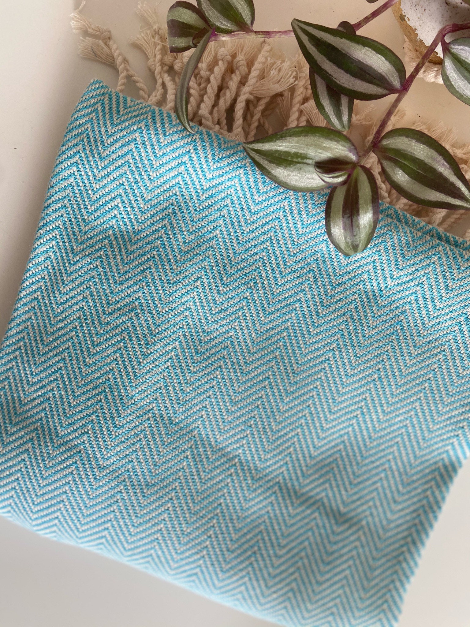 Turquoise Sofa Throw With Fine Herringbone Design, Cotton Throw Blanket ...