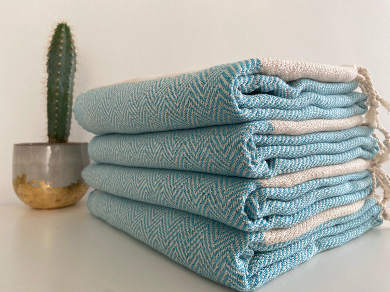 Turquoise Sofa Throw With Fine Herringbone Design, Cotton Throw Blanket ...