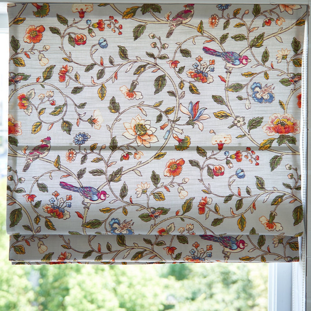 Custom Roman Shades, Garden Bird Pattern Fabric Modern Shades, Kitchen ...