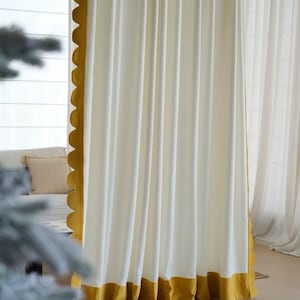 Scalloped Edge Linen Curtains | Off-white Curtains With Blue Trim ...