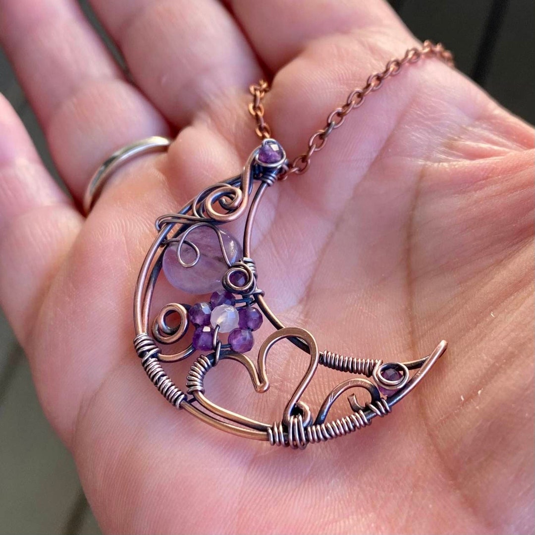 Wire Wrapped Moon Pendant Necklace | Amethyst Moon Crystal Necklace ...