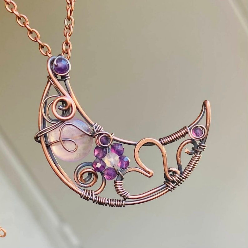 Wire Wrapped Moon Pendant Necklace | Amethyst Moon Crystal Necklace ...