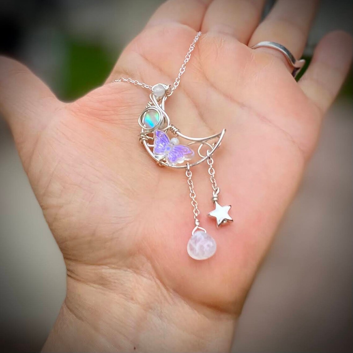 Moon Crystal Necklace, Moonstone Wire Wrapped Crescent Moon Pendant ...