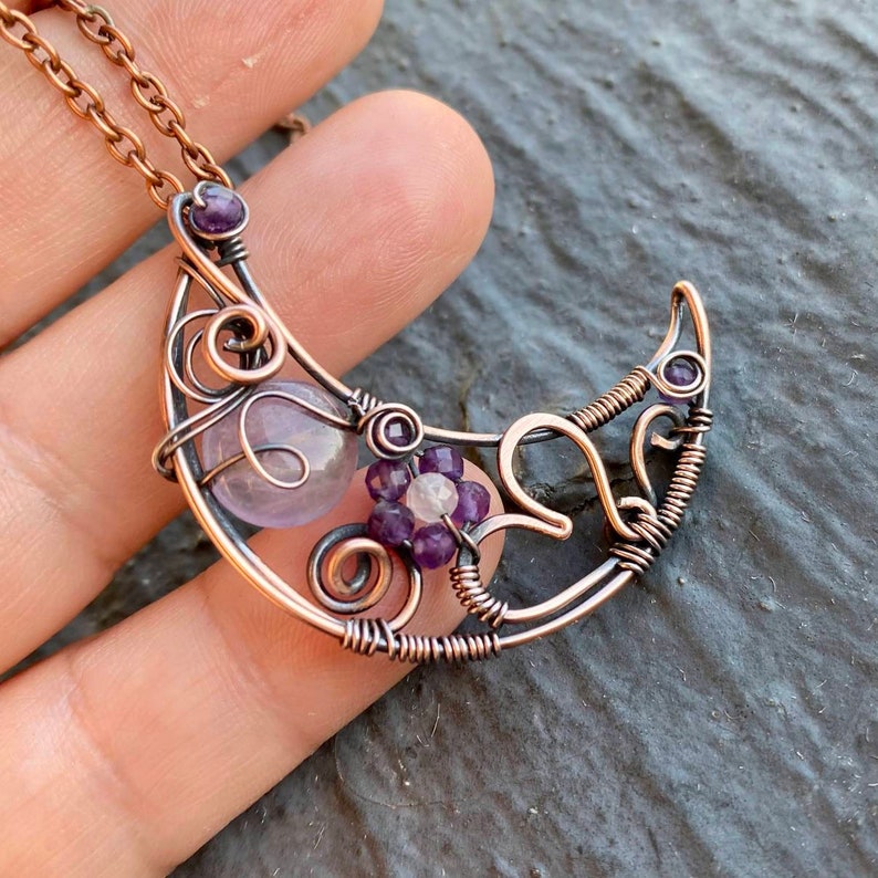 Wire Wrapped Moon Pendant Necklace Amethyst Moon Crystal - Etsy