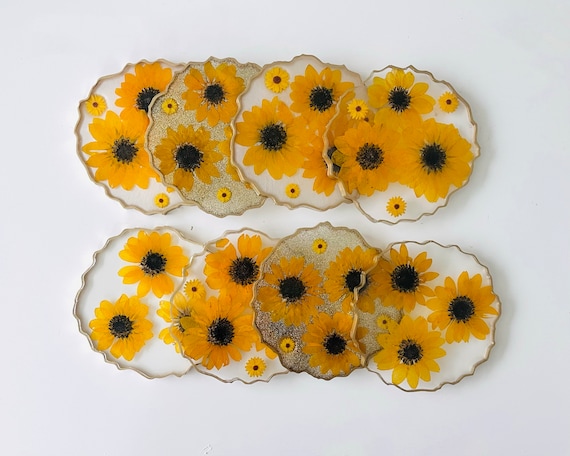Sunflower Resin Coasters Made With Real Sunflowers Custom - Etsy