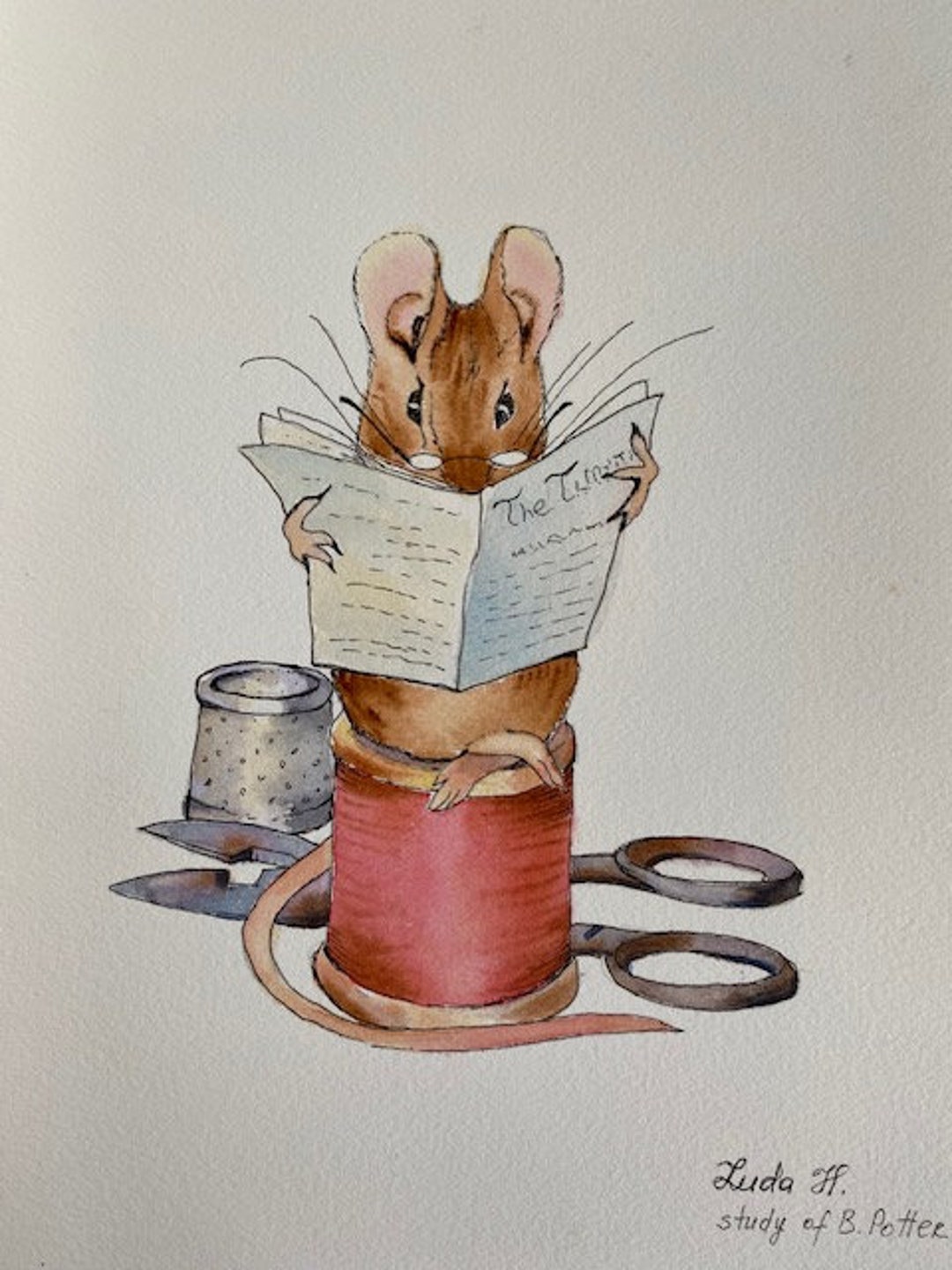Beatrix Potter Mouse Reading Newspaper Original Drawing in Ink and ...
