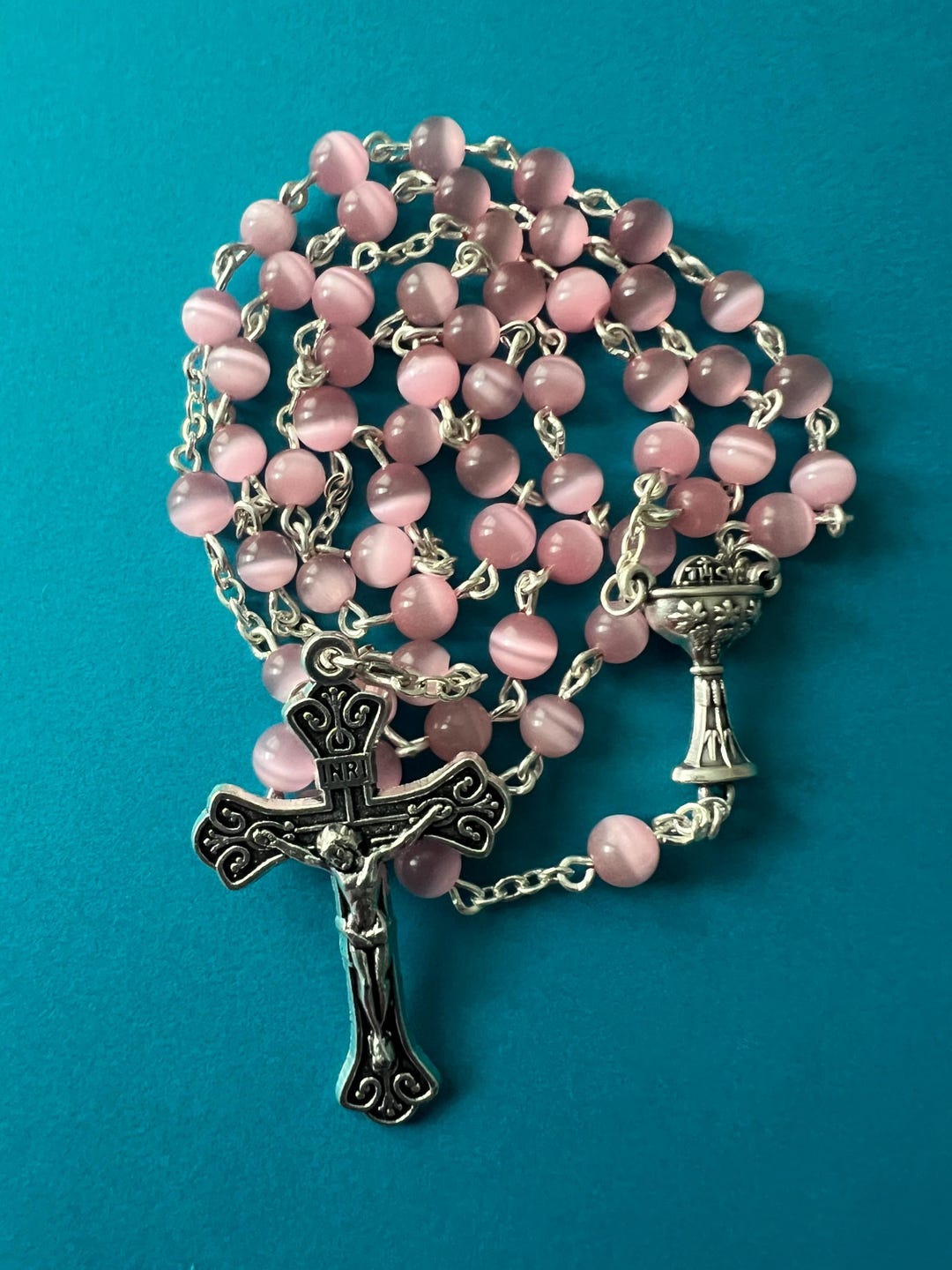 First Communion 6mm Pink Cats Eye Rosary - Etsy