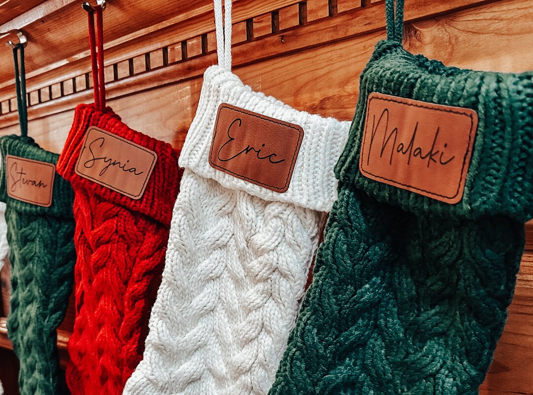 Personalized Cable Knit Stockings for Christmas, Stockings With Leather ...
