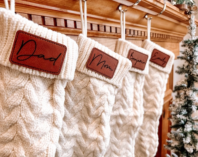 Personalized Cable Knit Stockings for Christmas, Stockings With Leather ...