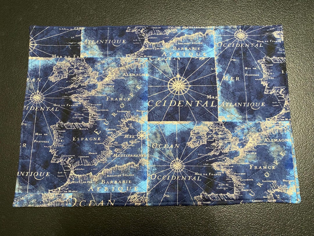 Blue Nautical Map Quilted Reversible Design Cotton Blend Rectangle Placemat, 18w X 12h Table ...