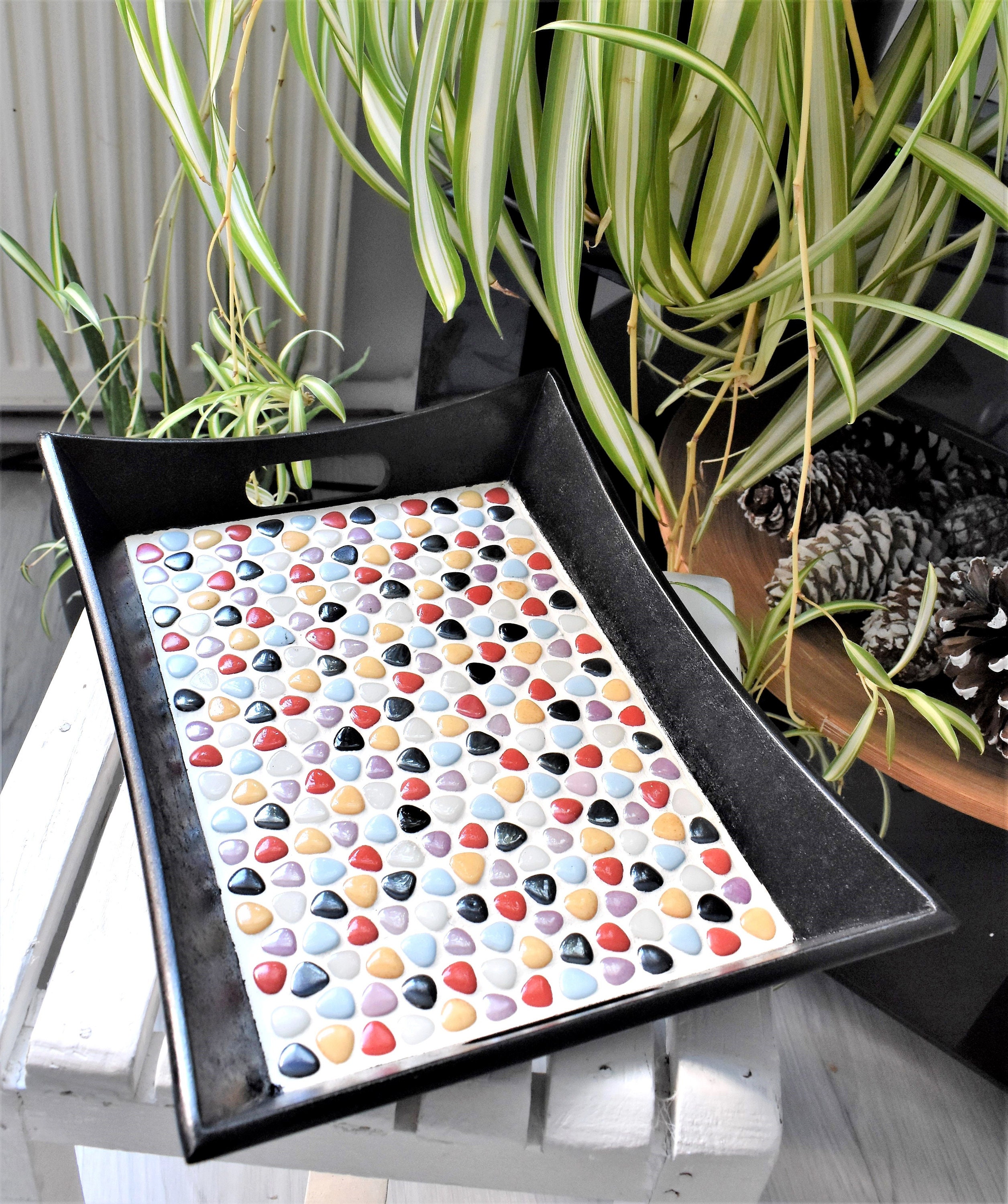 Pebbles Mosaic Tray,black Serving Tray With Colored Pebles Mosaic ...