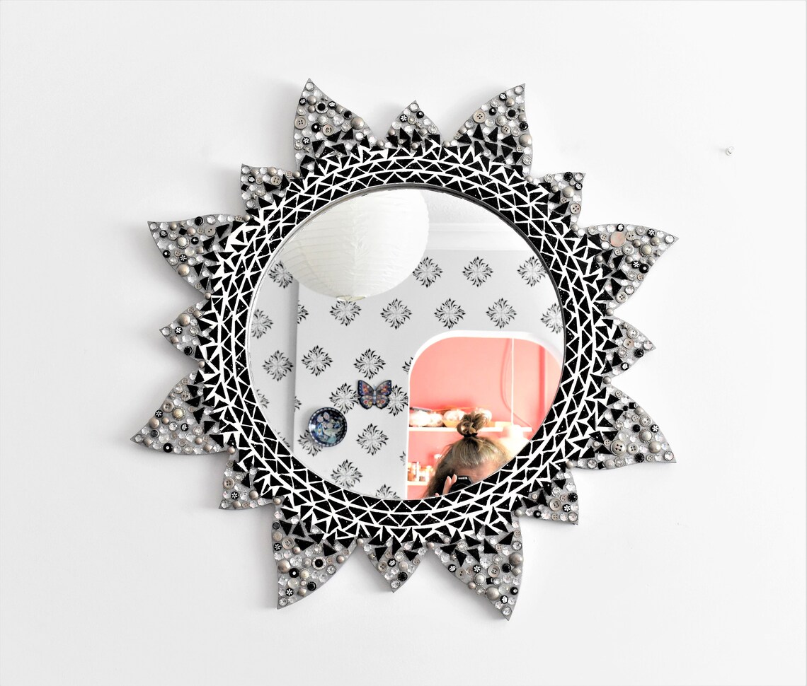 Black Sun Mosaic Mirror,large Mosaic Mirror,sun Shape Mirror,hand Cut ...