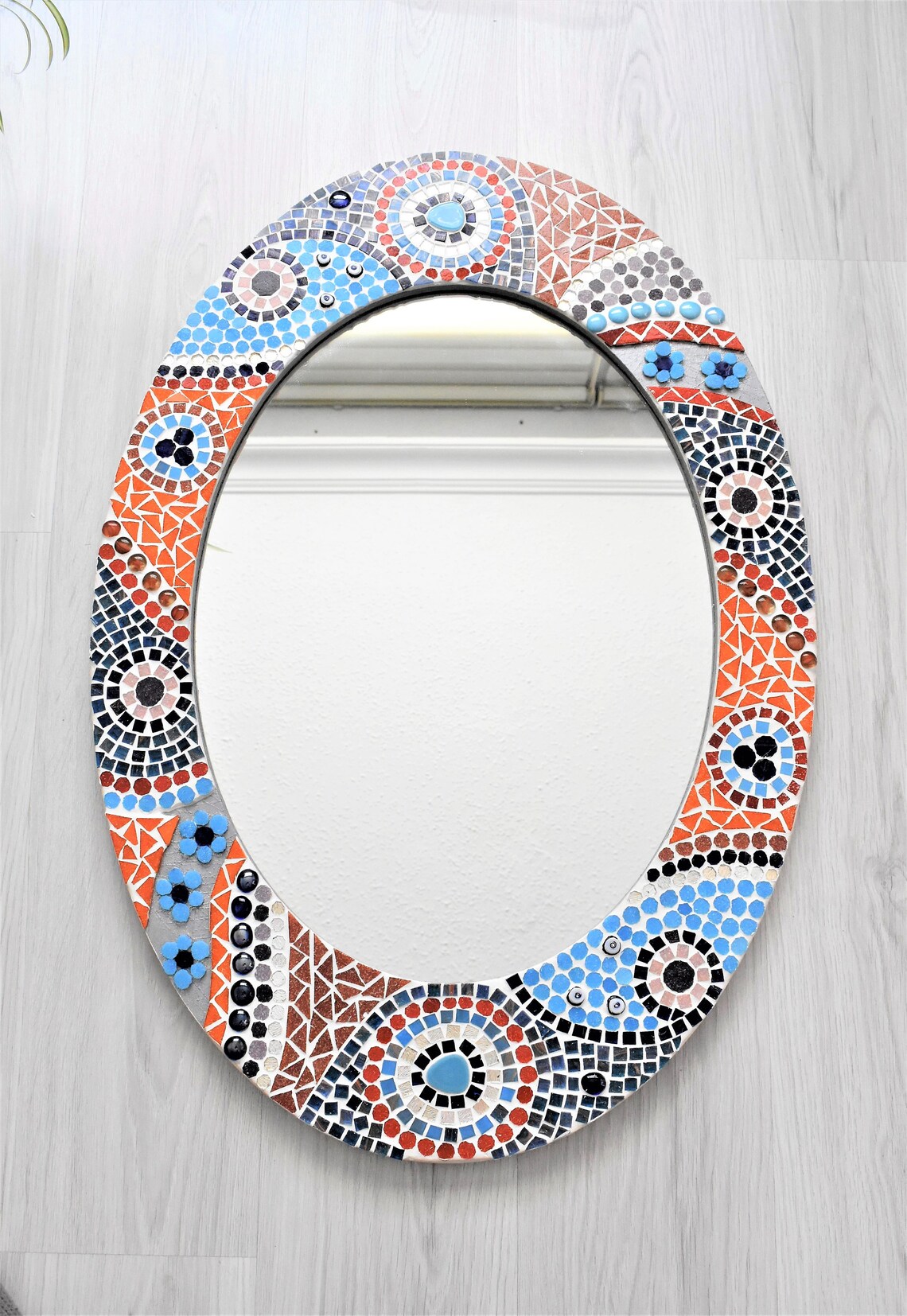 Large Mediterranean Mosaic Mirror,blue Ellipse Mosaic Mirror,hand Cut ...