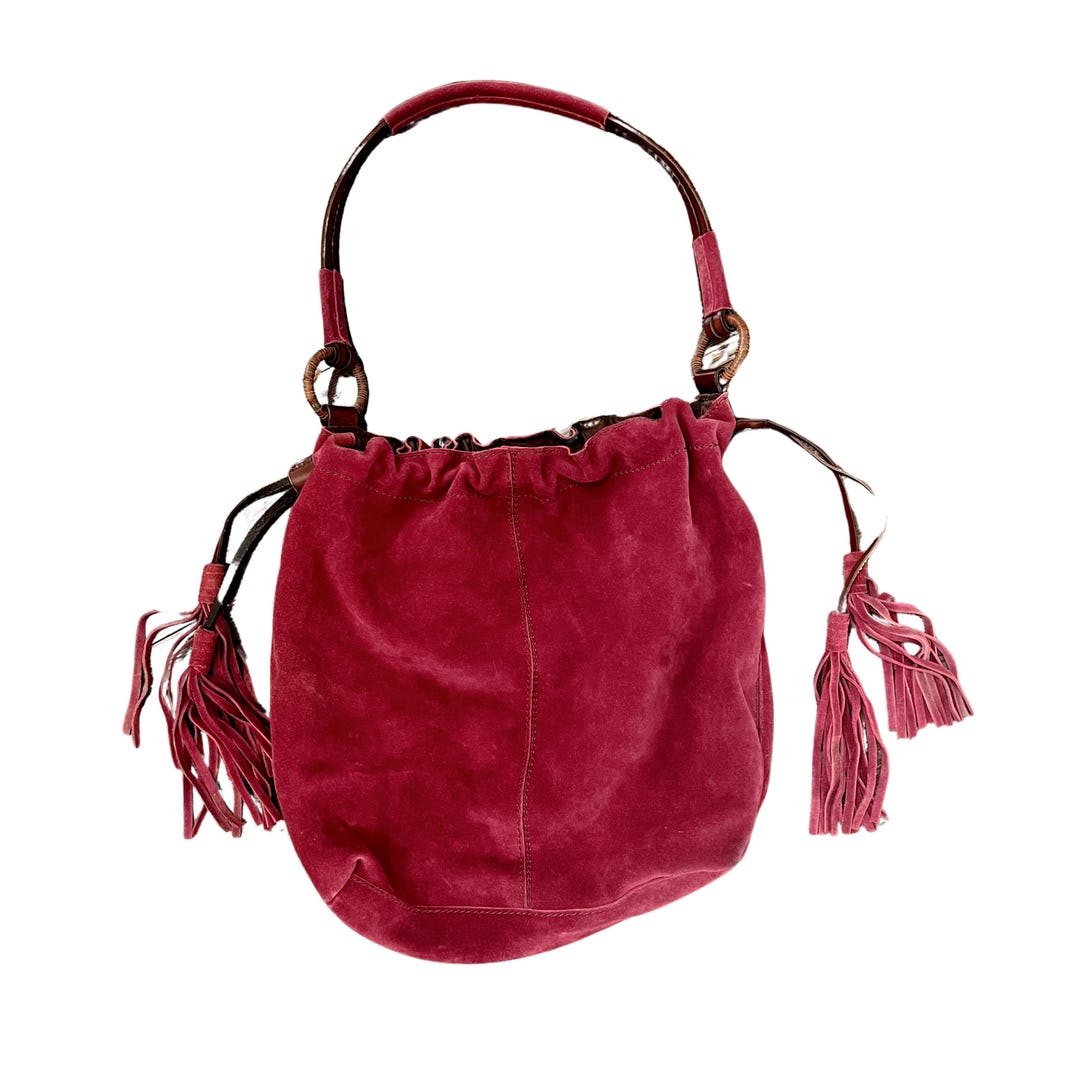Vintage Lucky Brand Bucket Bag | Red Suede Hobo Bag With Fringe Tassels ...