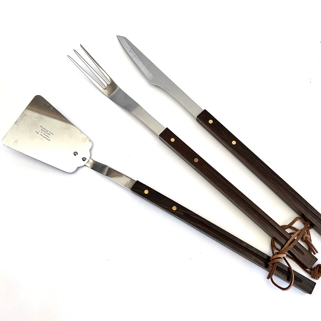 Vintage Barbecue Utensil Set in Gift Box | Teak and Stainless Steel Mid ...