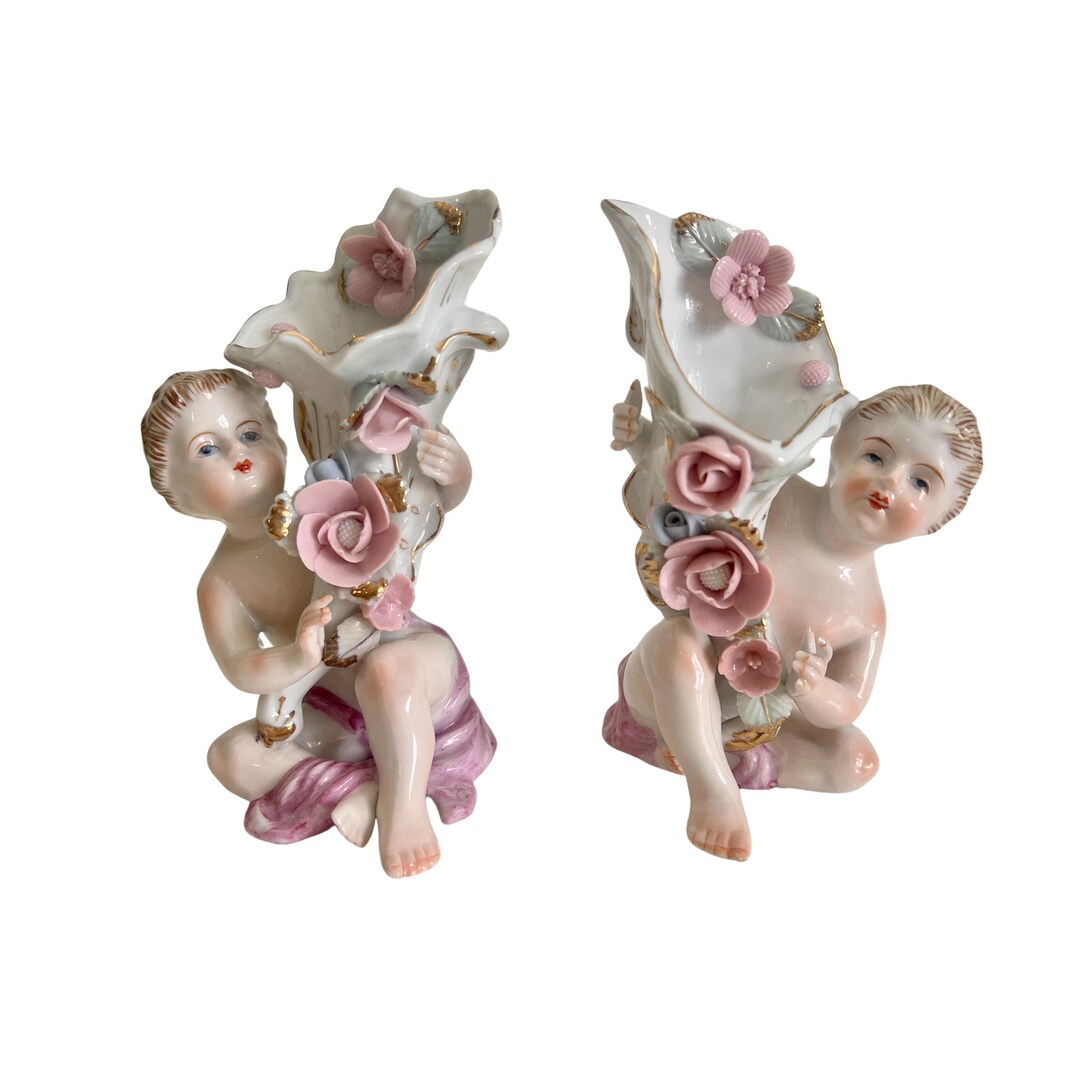 Vintage Cherub Vase Set – Pair of Hand-painted Porcelain Vases With ...