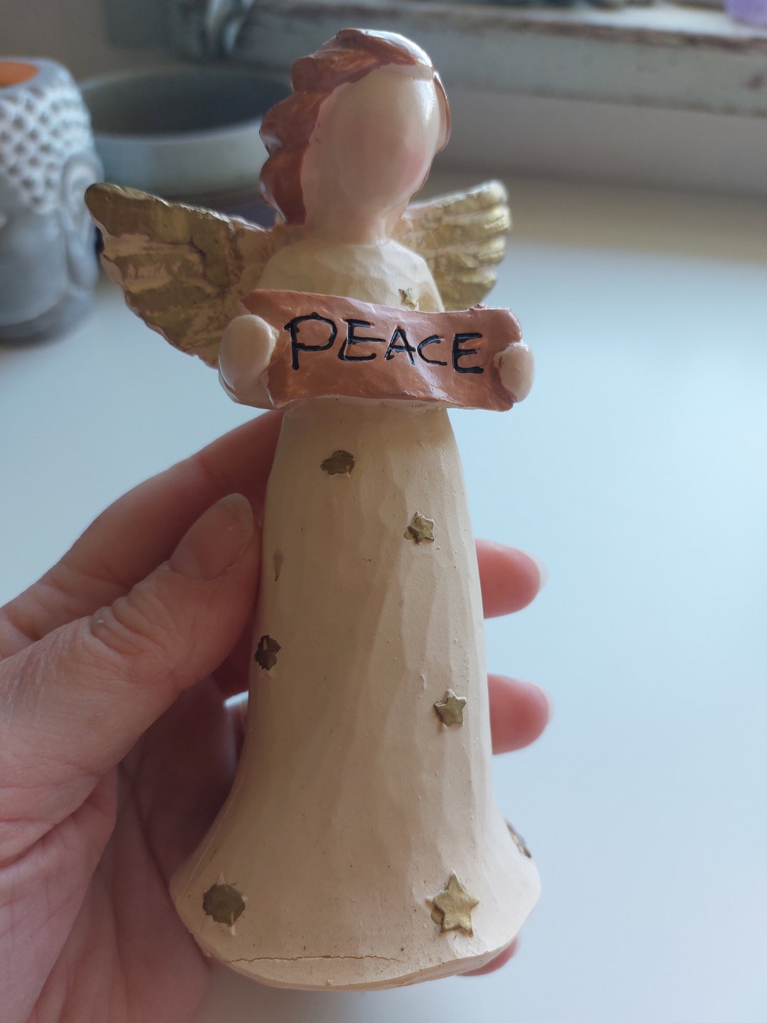 Painted Wooden Angel 'peace' 14cm, Cream, Gold Wings, Christmas Angel ...