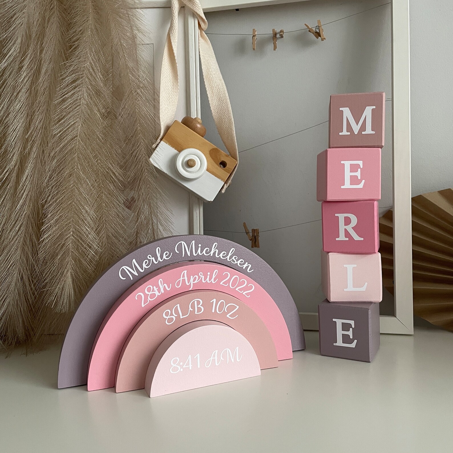 Personalised Wooden Name Letter Blocks, Cubes Stacking, Pink Nursery ...