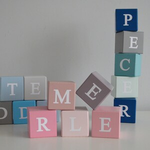 Personalised Wooden Name Letter Blocks, Cubes Stacking, Blue Nursery ...