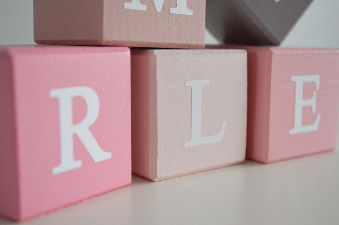 Personalised Wooden Name Letter Blocks, Cubes Stacking, Pink Nursery ...