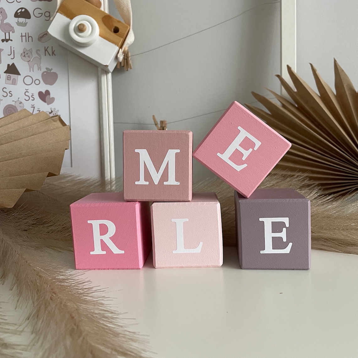Personalised Wooden Name Letter Blocks, Cubes Stacking, Pink Nursery ...