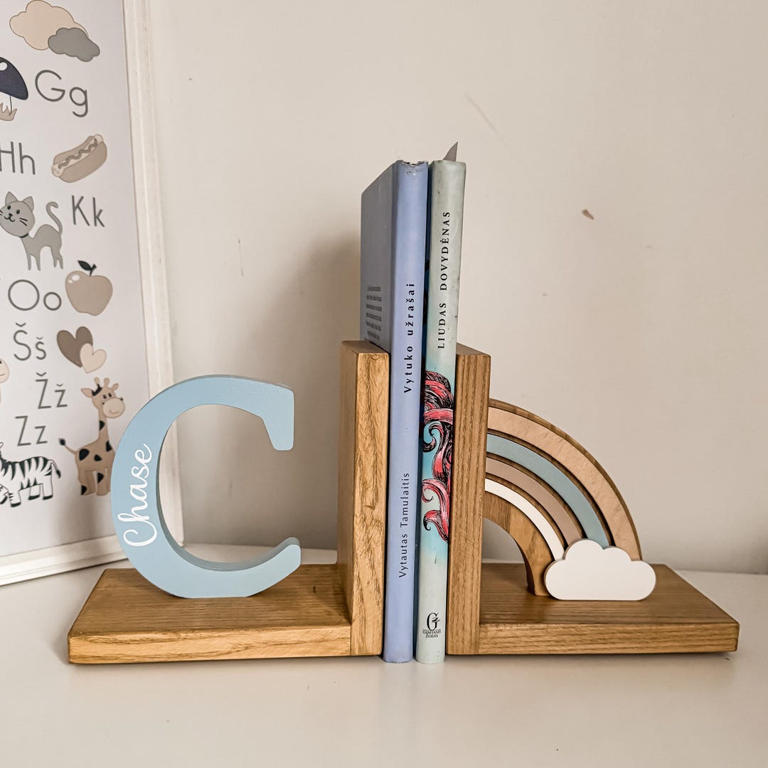 Personalized Baby Book Ends Pastel Blue Rainbow, Bookend for Kids Room ...