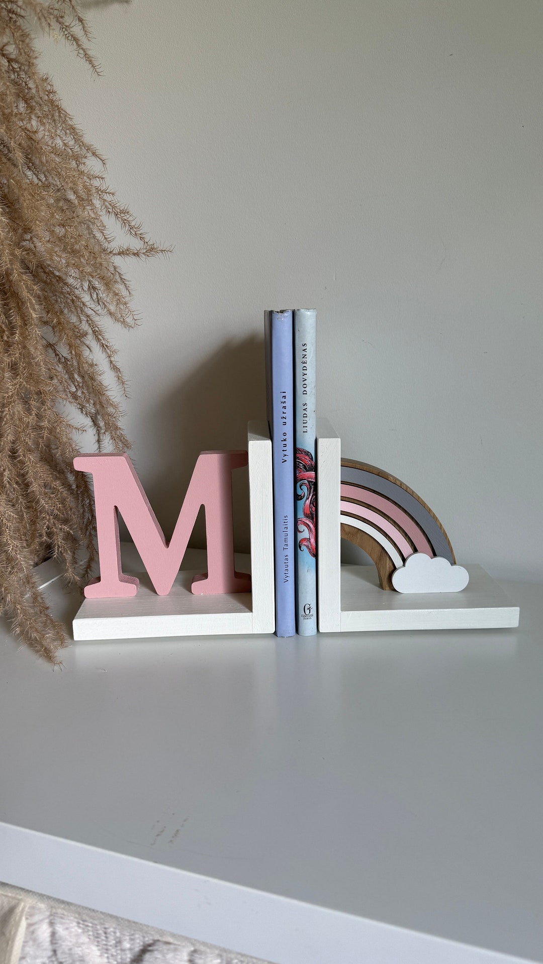 Personalized Baby Book Ends Pastel Pink Rainbow, Bookend for Kids Room ...