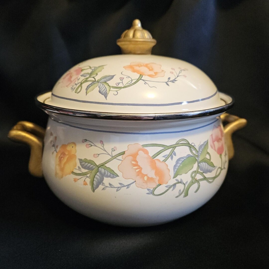 Vintage Brass Handle Cooking Pot With Lid Enamel Floral - Etsy
