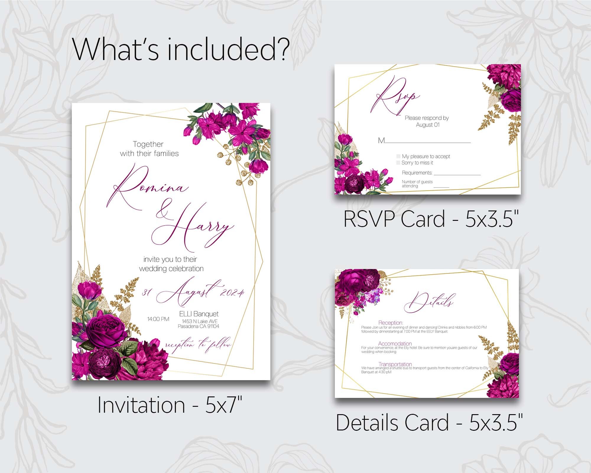 Magenta Floral WEDDING INVITATION SET Download, Fuchsia Wedding ...