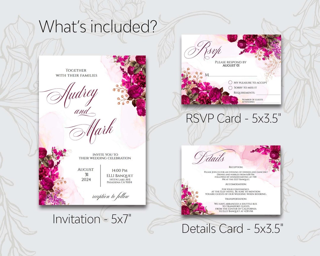 Magenta Floral WEDDING INVITATION SET Download, Fuchsia Wedding ...