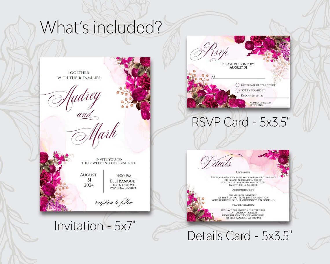 Magenta Floral WEDDING INVITATION SET Download, Fuchsia Wedding ...