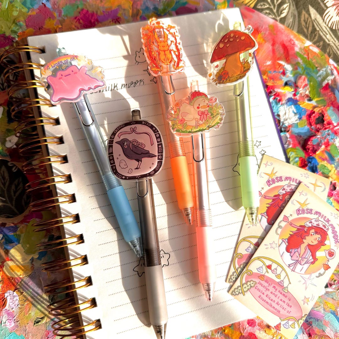 Black Gel Ink Pen .5mm With Cute Charms, Duck, Mushroom, Beetle, Crow ...